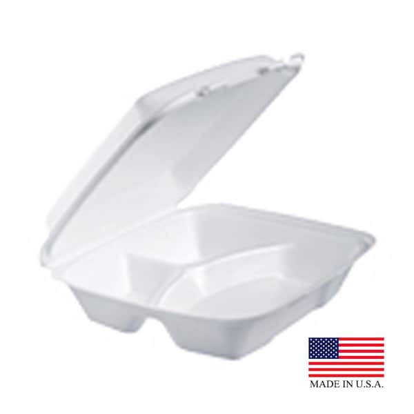 Dart 90HT3R PEC 9 in. White 3 Compartment Hinged Foam Container, 200PK 90HT3R (C) | Zoro